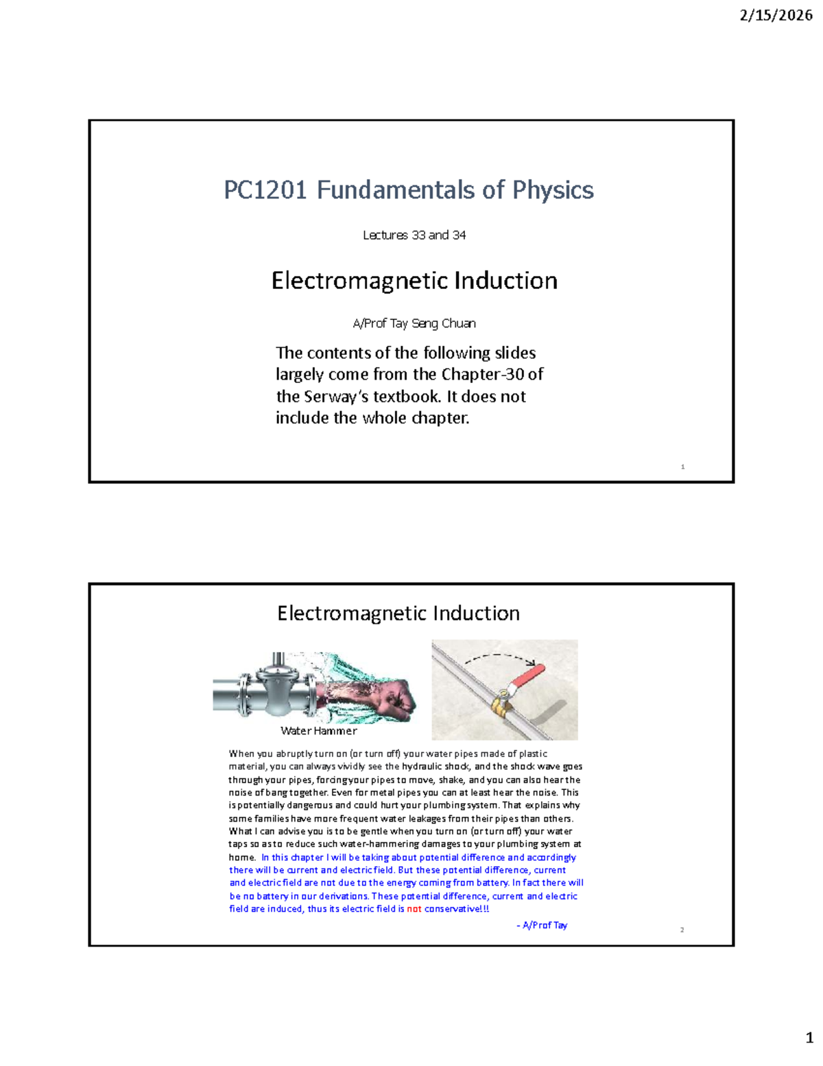 PC1201 Fundamentals of Physics: Lectures 33 & 34 on Electromagnetic ...