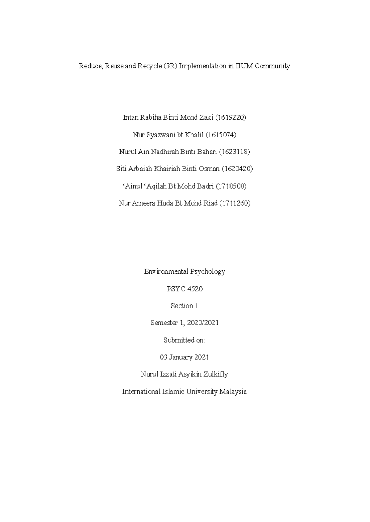 PSYC 4520 Essay: 3R Implementation in IIUM Community for Sustainability ...