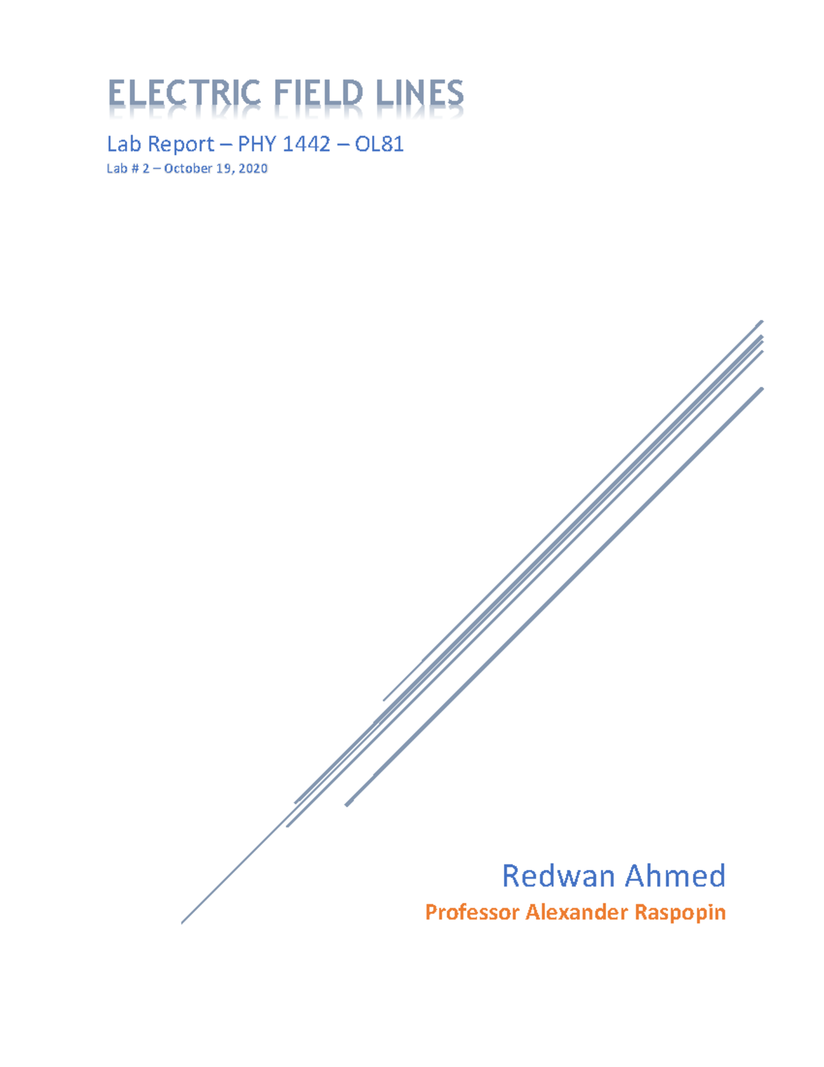 Lab 2 - Electric Field Lines - Redwan Ahmed Professor Alexander ...