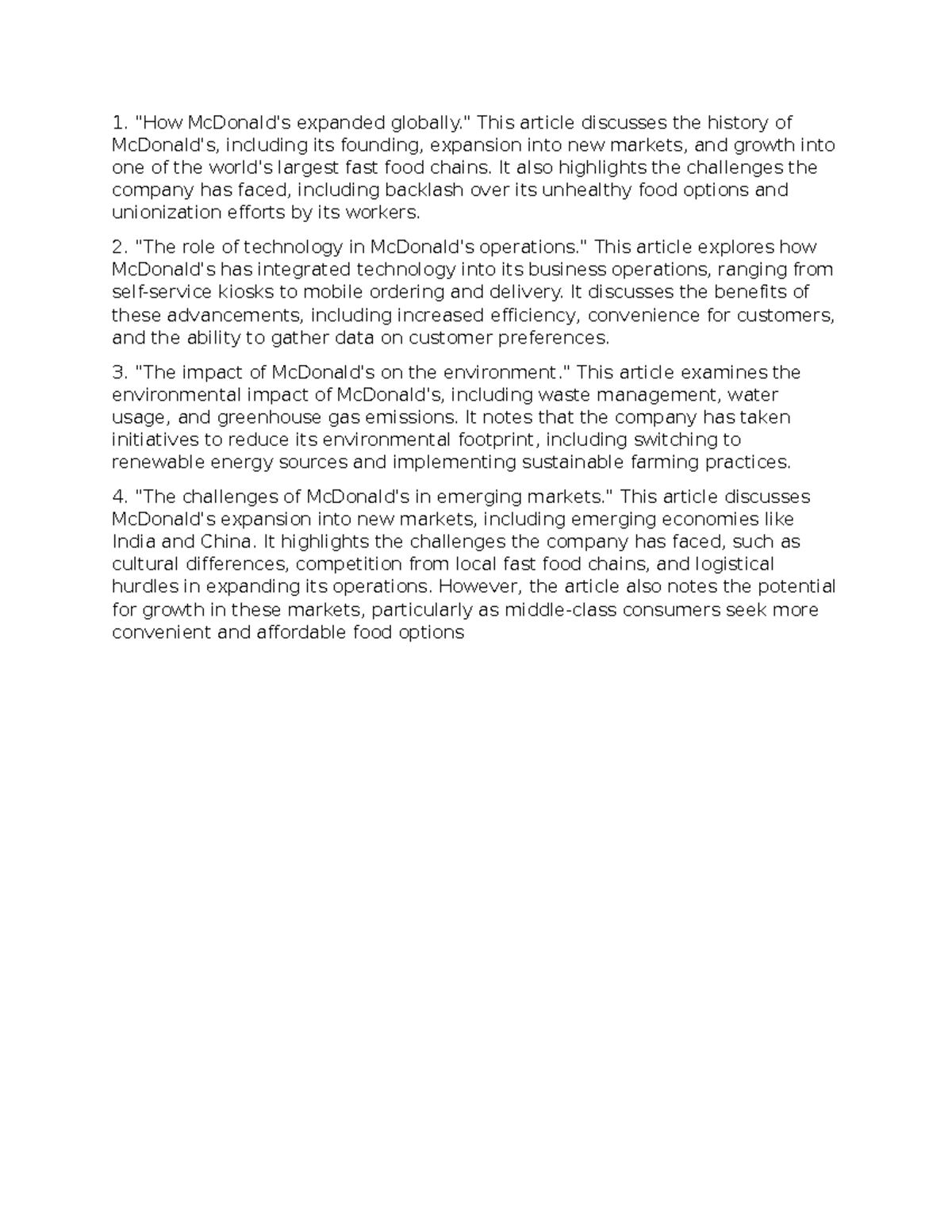 Summaries - "How McDonald's expanded globally." This article discusses ...