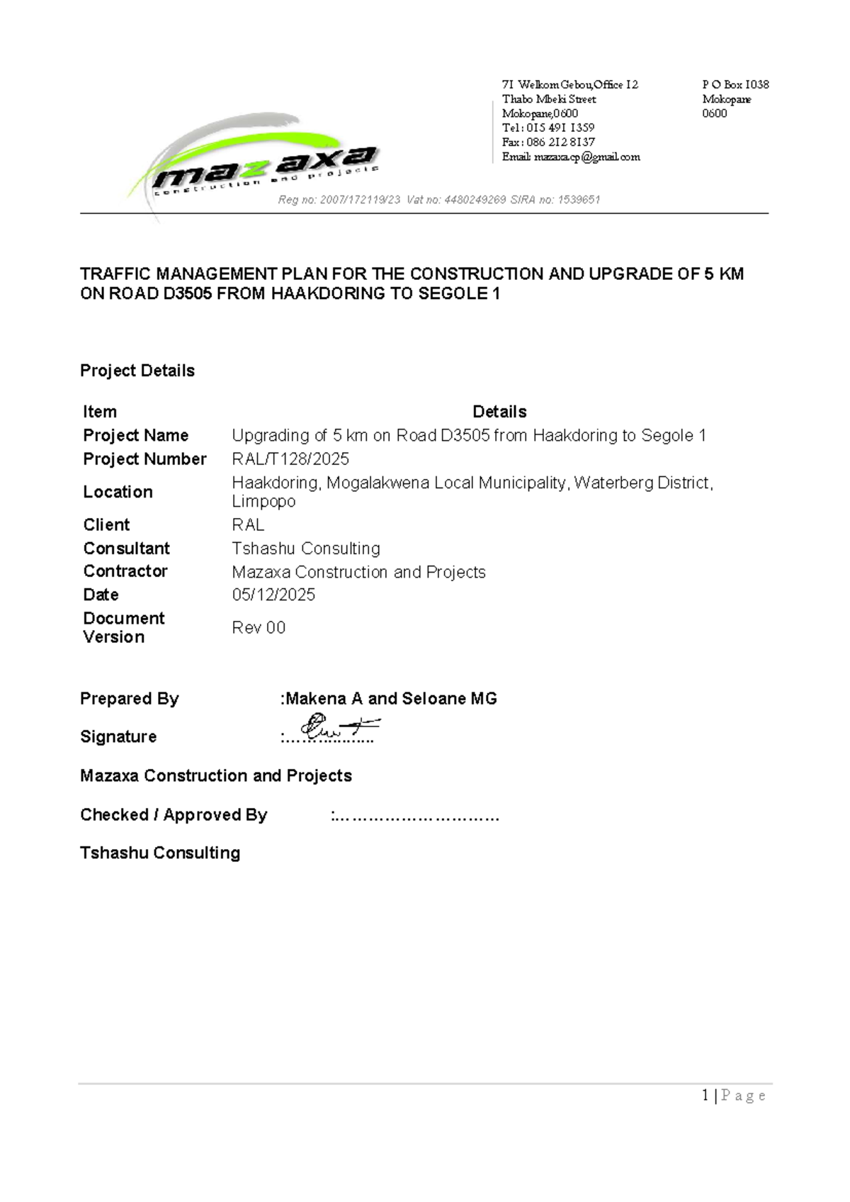 Traffic Management Plan for Upgrading Road D3505 (TMP) - Studocu