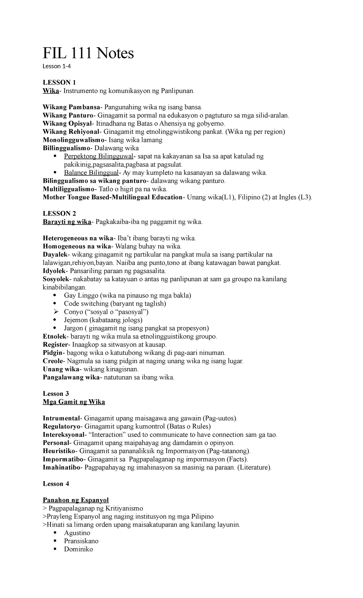 FIL 111 - Lesson Notes on Linguistics and Language Functions - Studocu