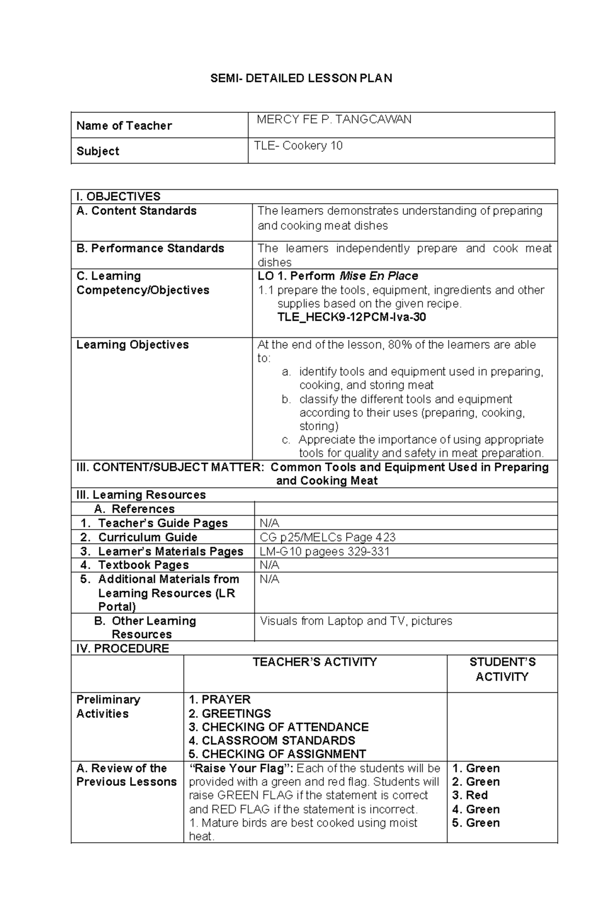 Grade 10 Cookery Lesson Plan: Preparing and Cooking Meat Dishes - Studocu