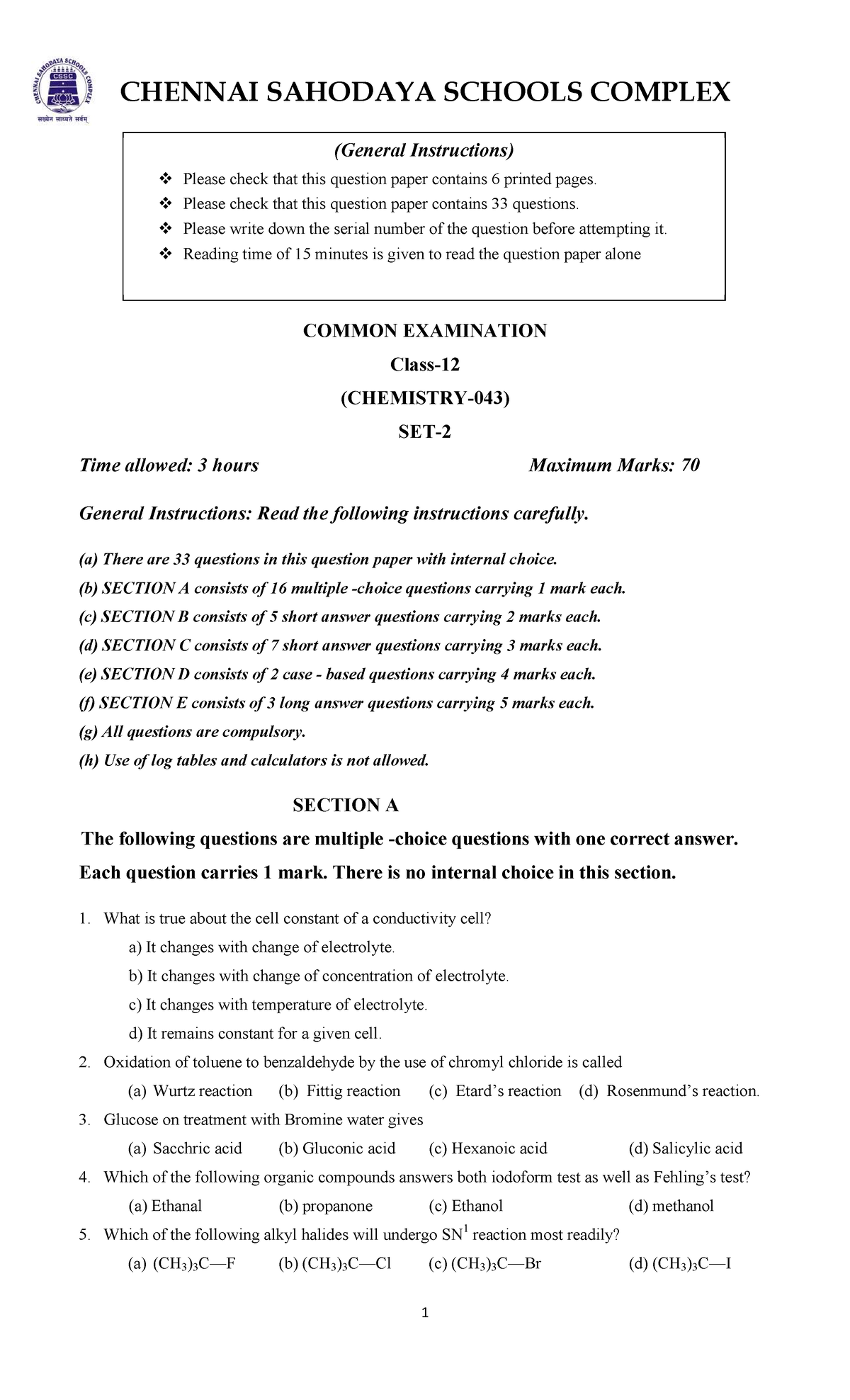 QP-Chemistry-12-Common Exam-Set-2: General Instructions & Question ...