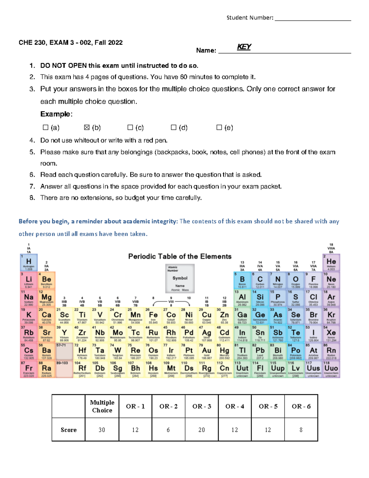 CHE 230, Exam 3 - 002 Answer Key, Fall 2022 - Studocu