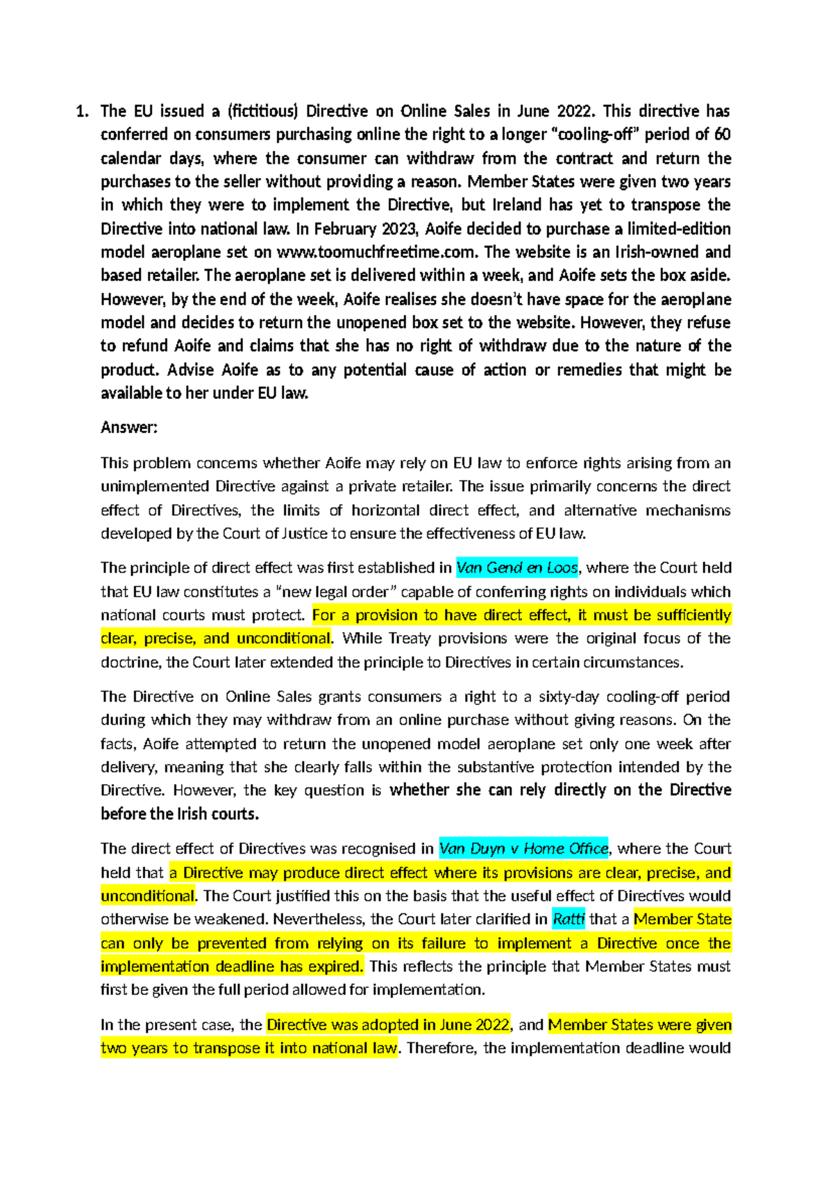 EU Law Case Analysis: Rights, Remedies, and Directives (2023) - Studocu