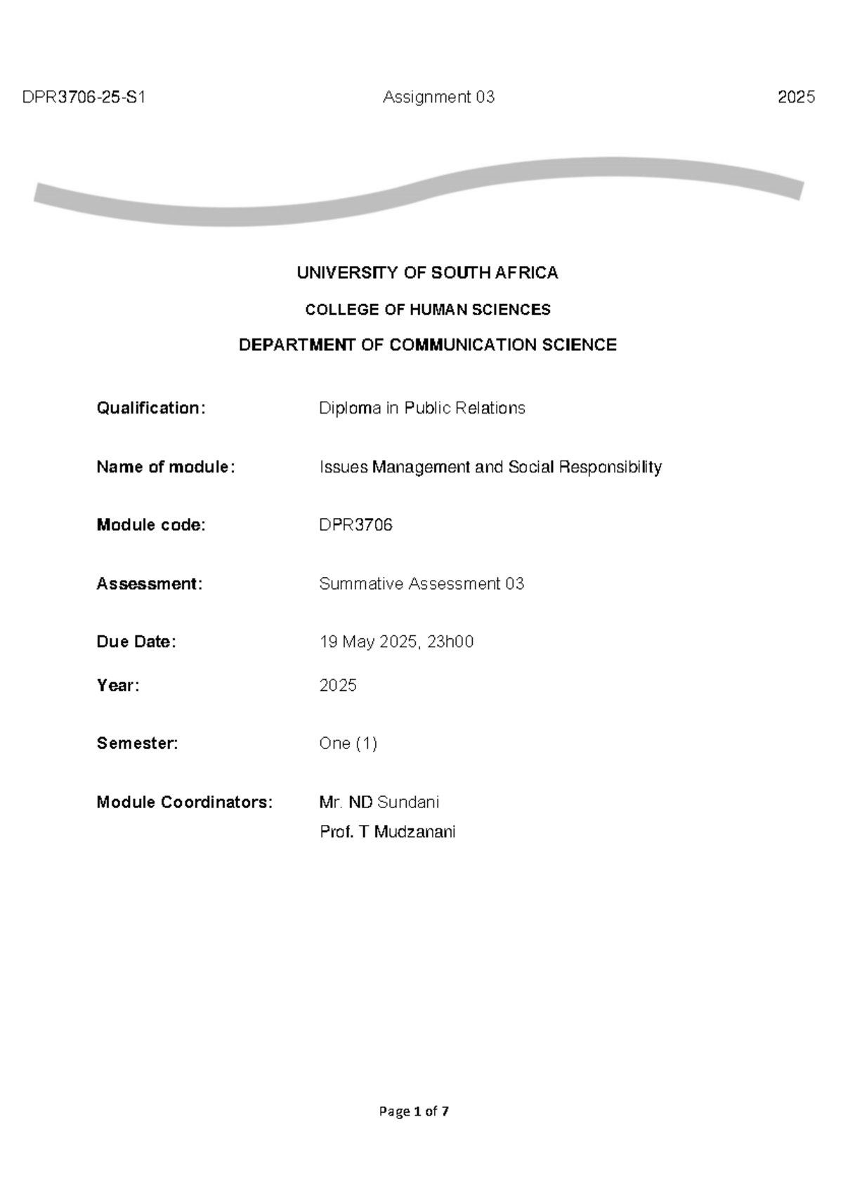 DPR3706 Semester 01 Assignment 03: Examination Portfolio Overview 2025 - Studocu