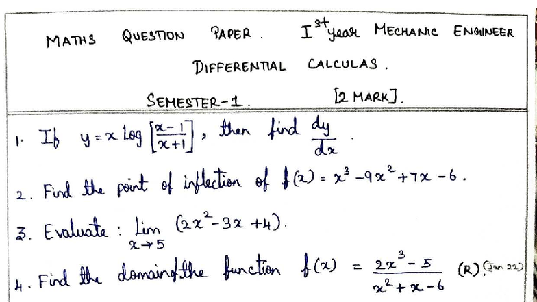 Differential Calculus Questions for 1st Year MECHANICAL ENGINEERING ...