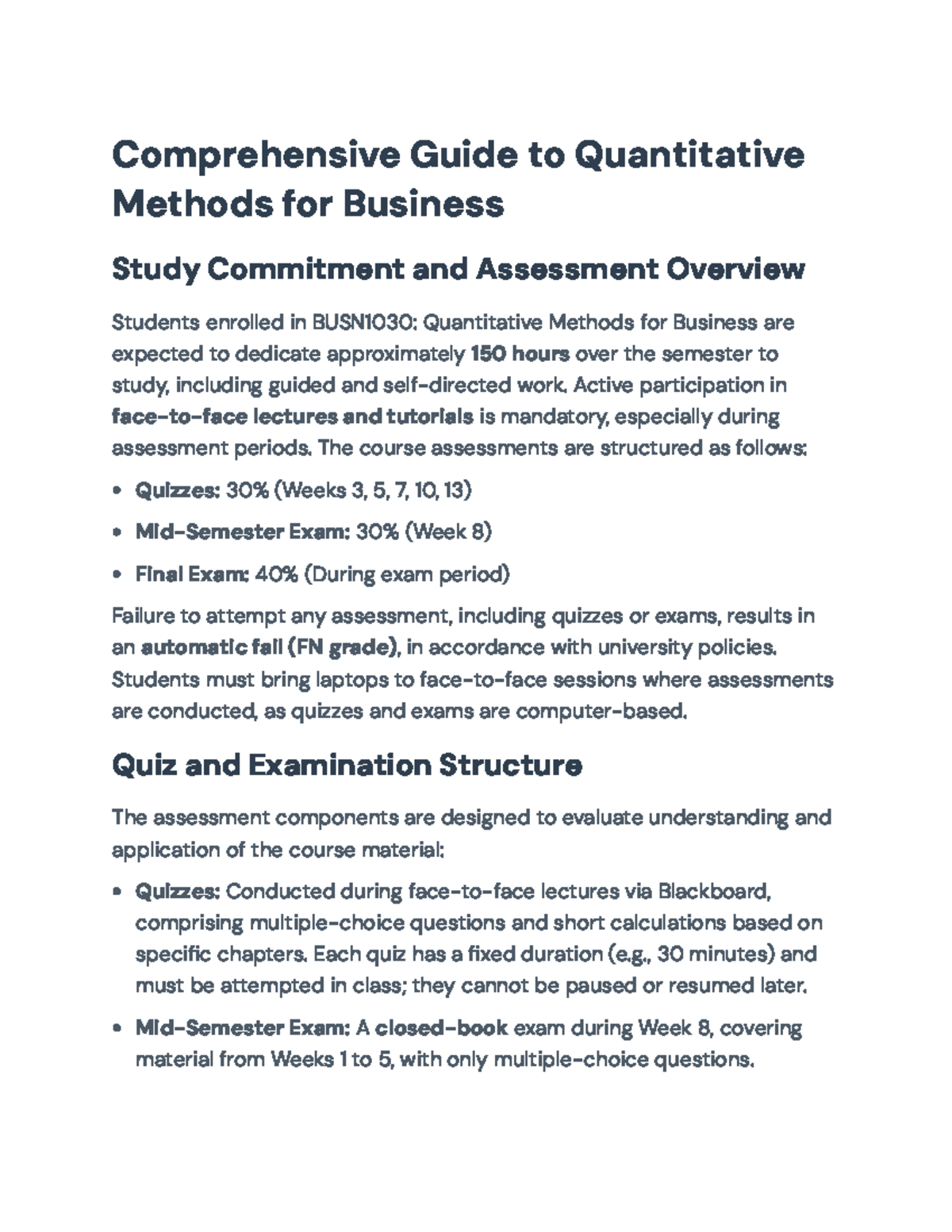 Comprehensive Overview of Assessments in BUSN1030: Quantitative Methods ...