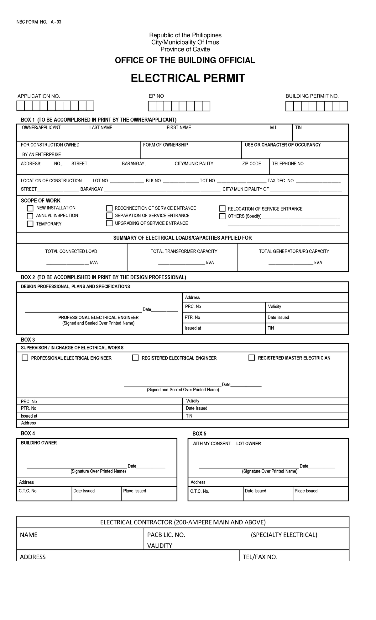Electrical Permit Application Form - NBC FORM NO. A 03 - Studocu