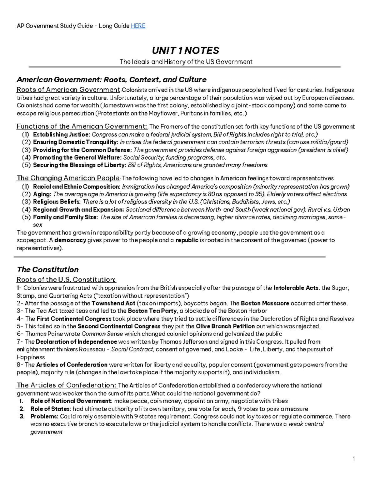 AP Government Study Guide: Unit 1 Notes on US Government Ideals - Studocu
