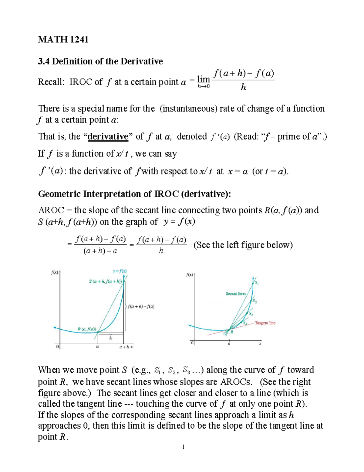 MATH 1241 Final Exam Notes: Derivative Definitions & Examples - Studocu