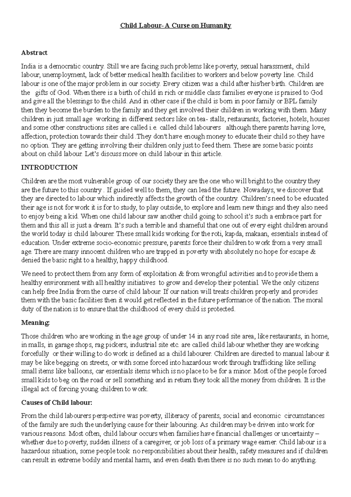 Child Labour- A Curse on Humanity - Child Labour- A Curse on Humanity ...