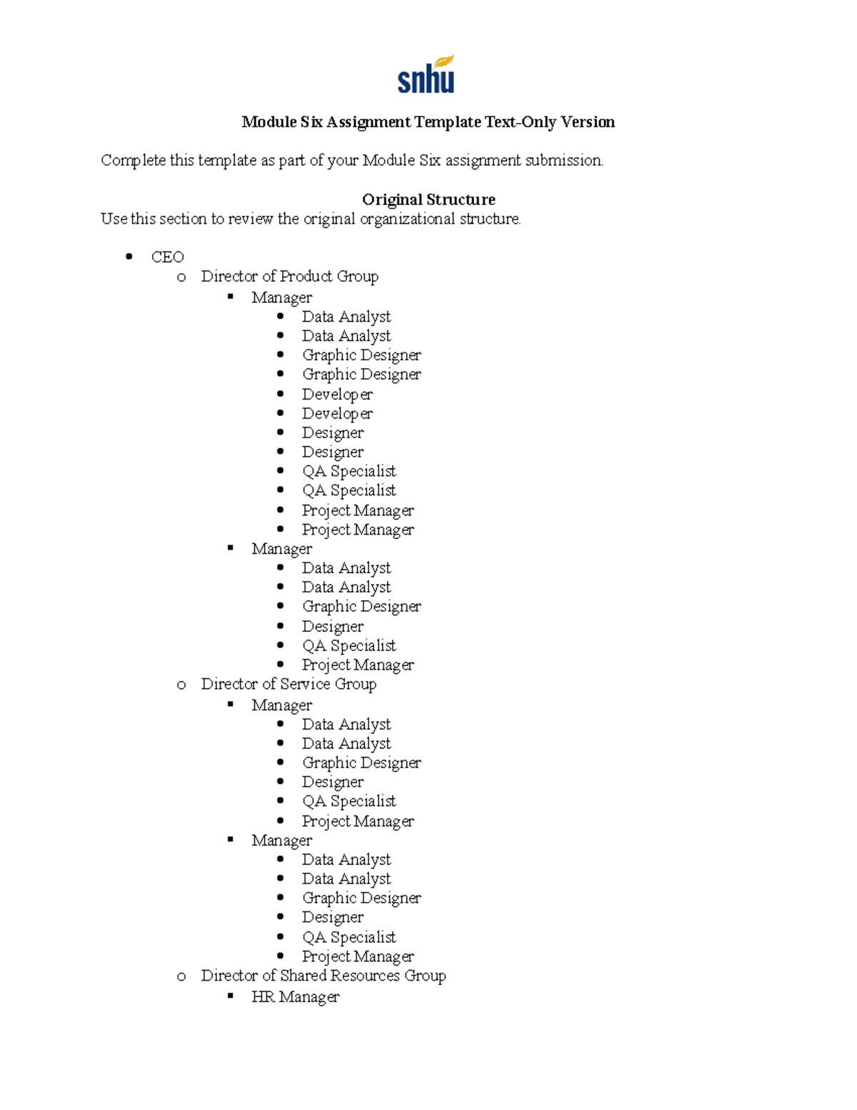 BUS 210 Module Six Assignment: Org Structure Template and Analysis ...