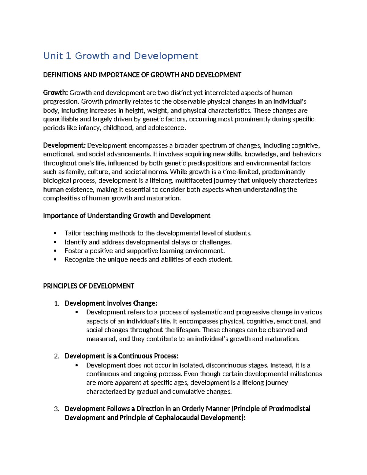 Unit 1: Growth and Development Overview and Key Principles - Studocu