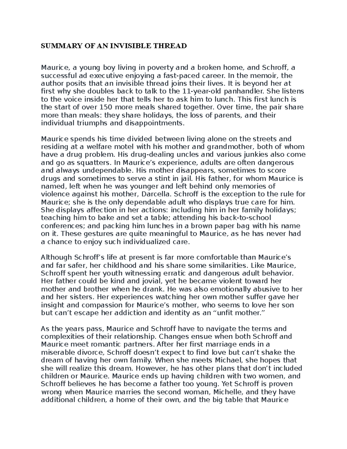 Summary of "An Invisible Thread": Two Lives Connected by Care - Studocu