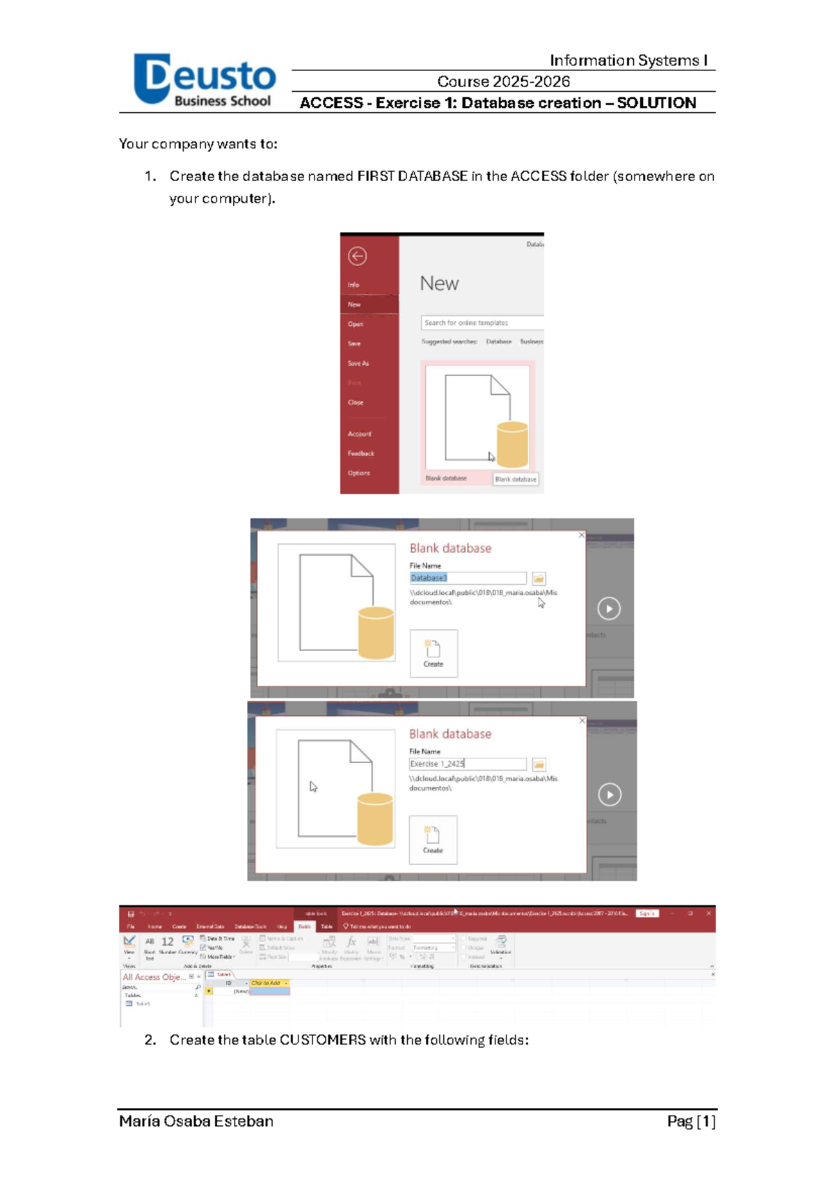 Information Systems I: ACCESS Exercise 1 Database Creation Solution ...