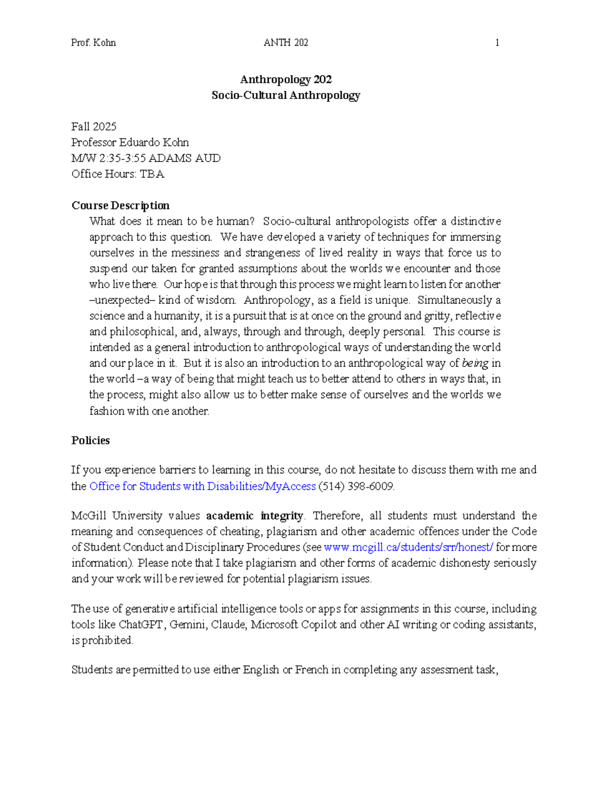 Anth 202 Fall 2025 Syllabus: Introduction to Anthropology - Studocu