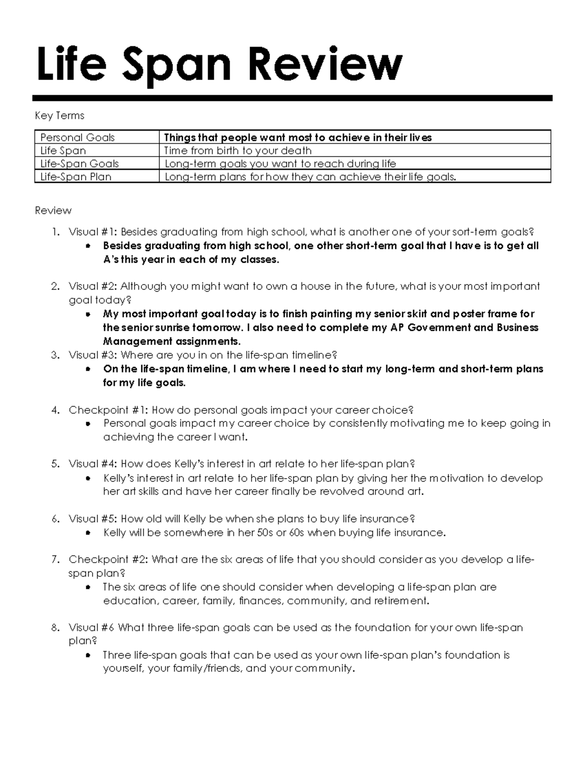 Life Span Goals Plan: Key Terms & Personal Objectives - Studocu