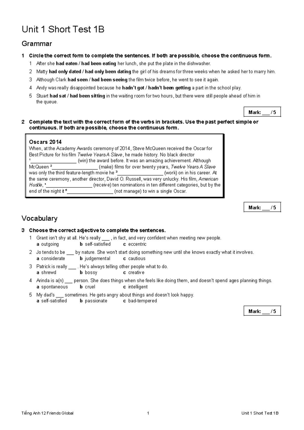 Tiếng Anh 12 Friends Global Unit 1 short test 1b - Unit 1 Short Test 1B ...