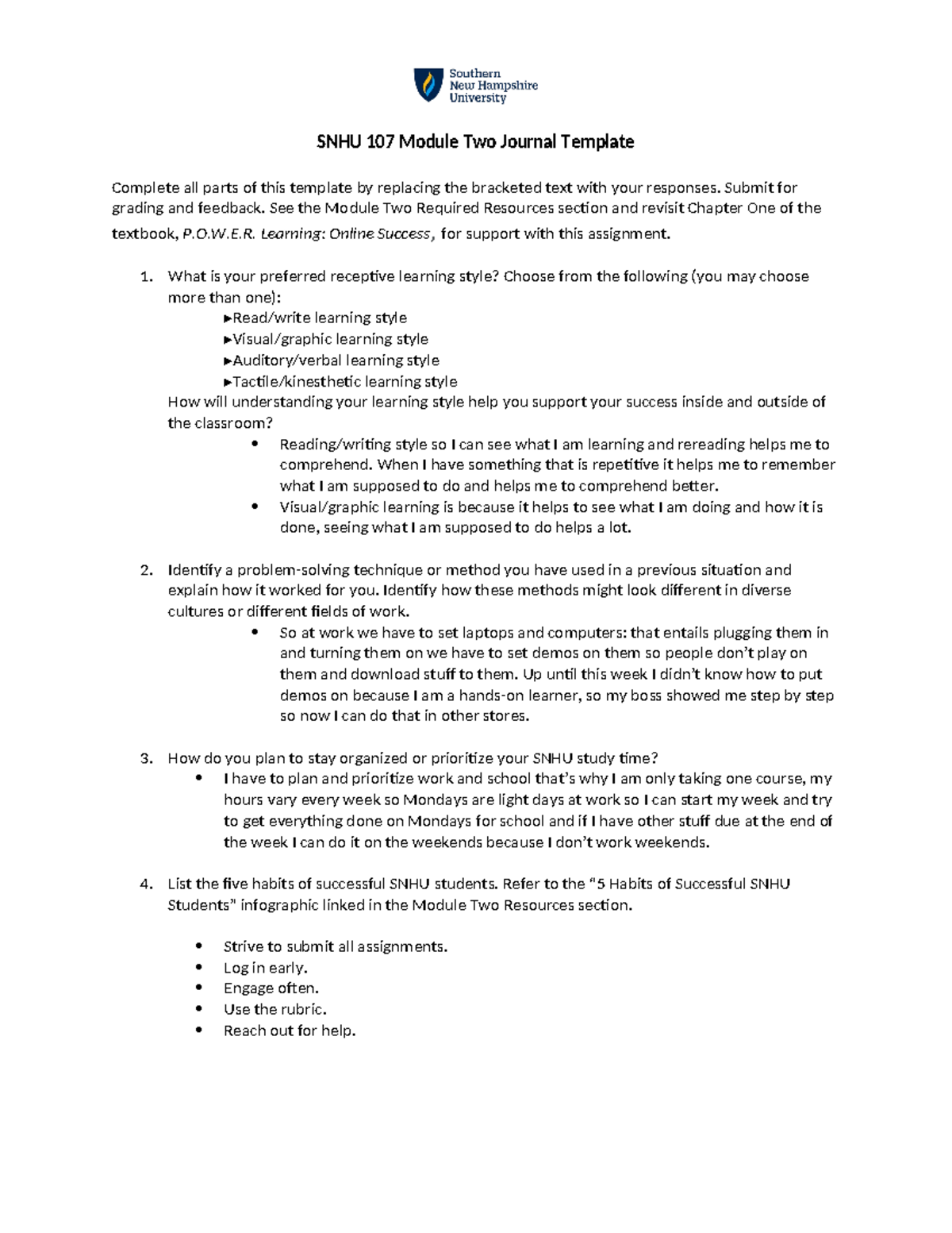 SNHU 107 Module Two Journal: Learning Styles and Success Habits - Studocu