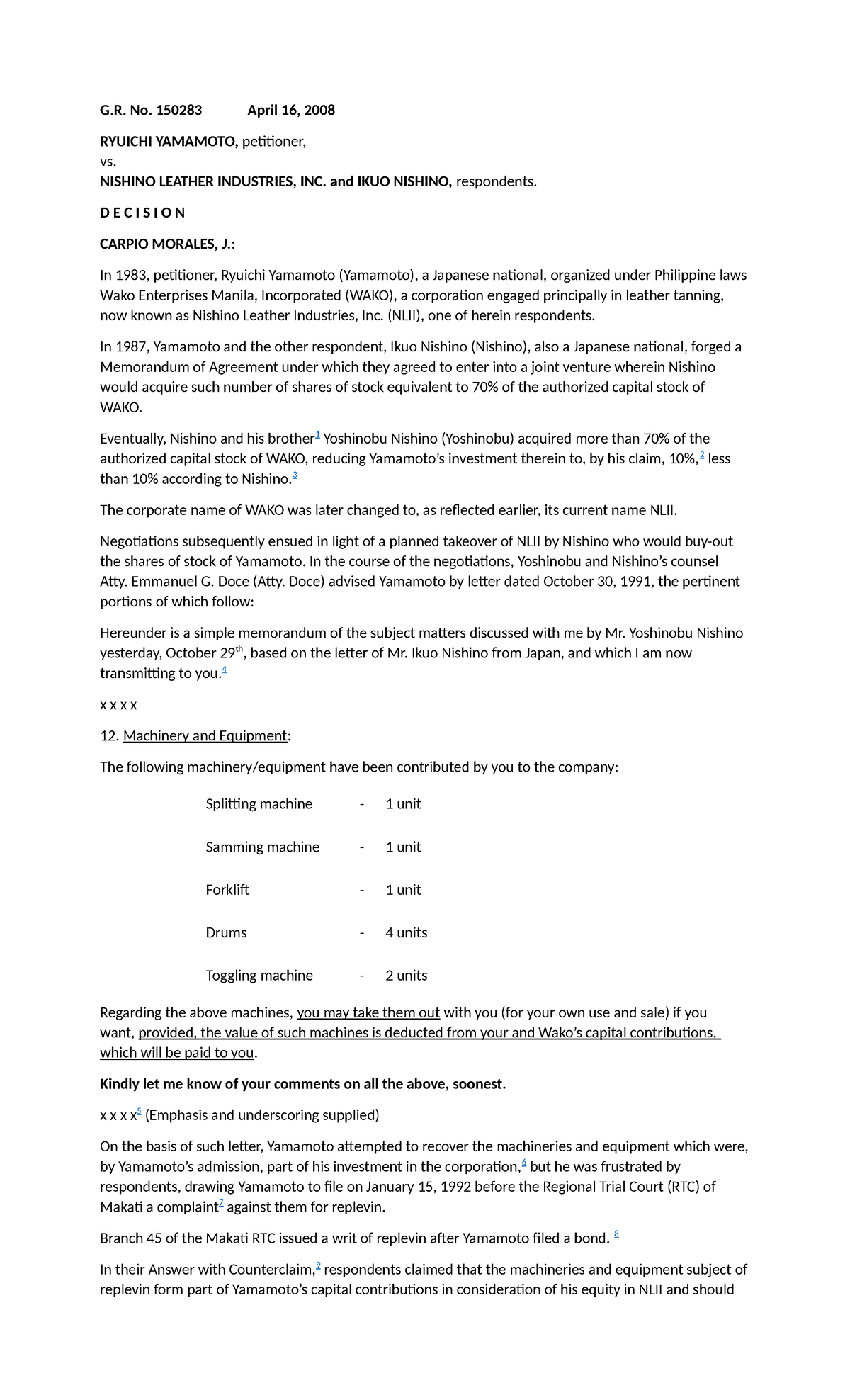 Yamamoto vs. Nishino Leather Industries, Inc. - G.R. No. 150283 ...