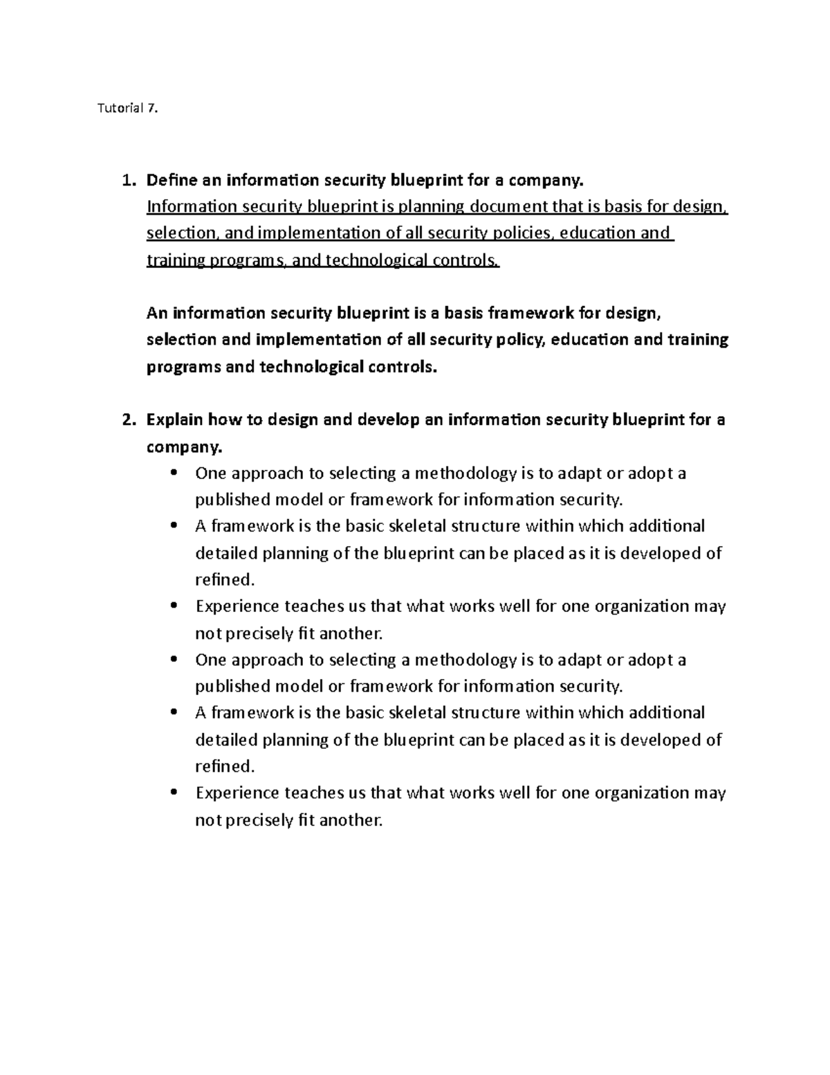 ISA Tutorial 7: Designing an Information Security Blueprint - Studocu