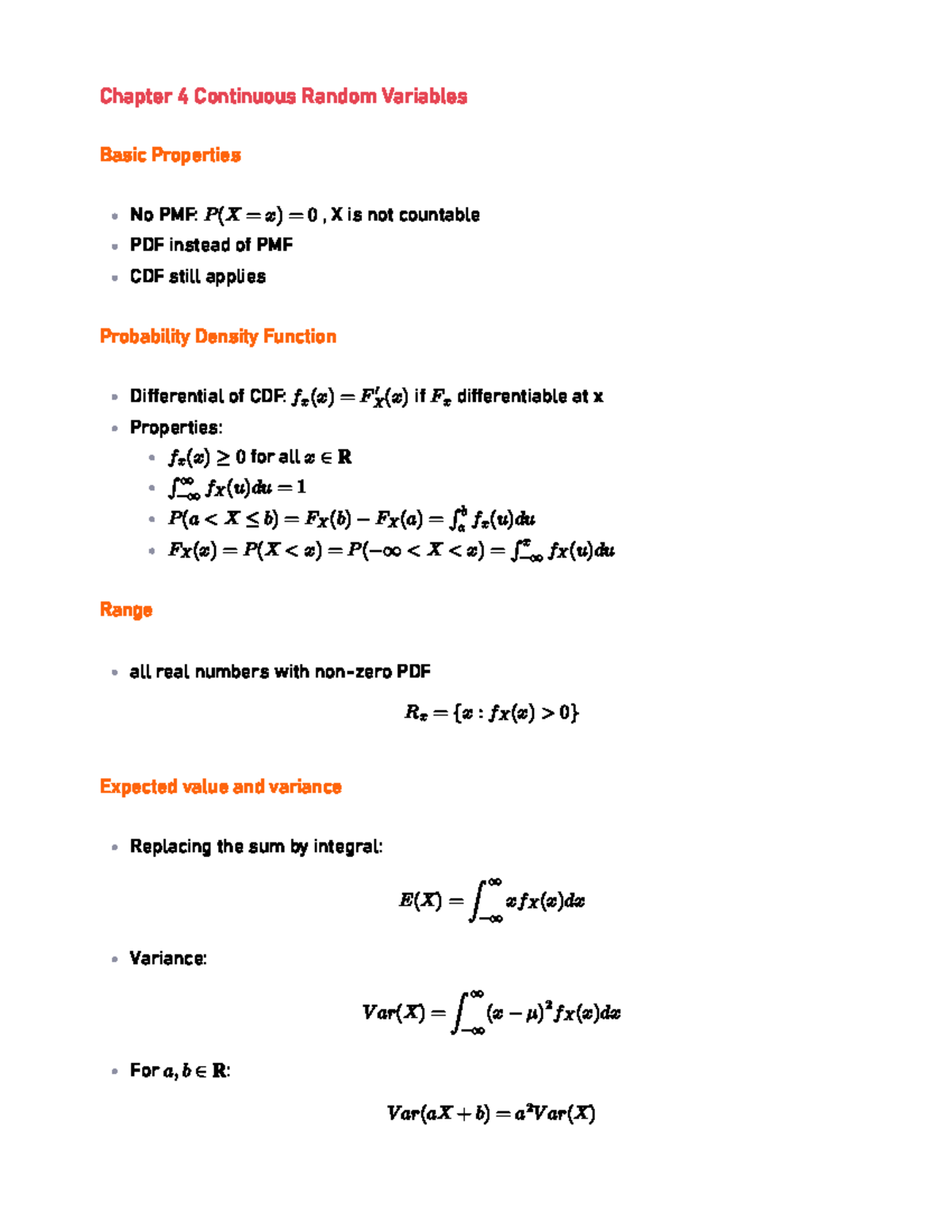 Summary of Ch 4 - Continuous Random Variables (STAT 101) - Studeersnel
