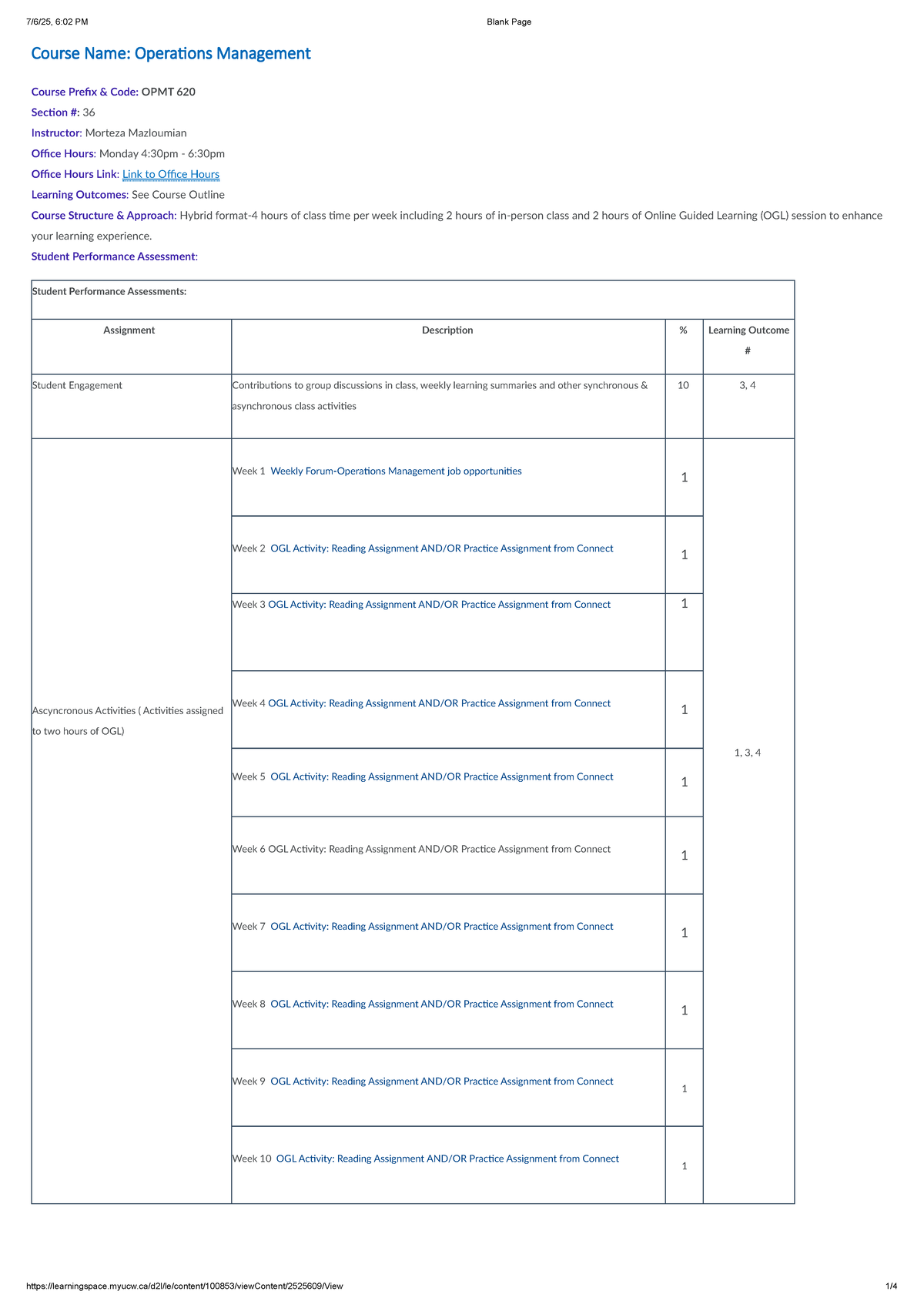 Detailed Syllabus for OPMT 620: Operations Management (Summer 2025 ...