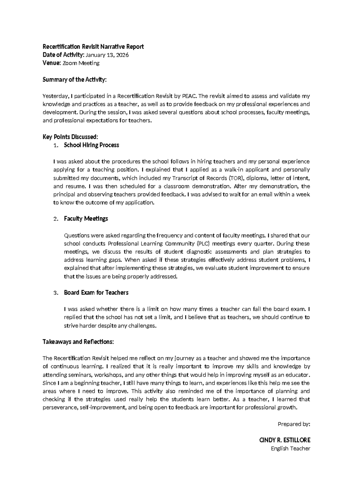 Recertification Revisit Narrative Report - PEAC Reflection - Studocu