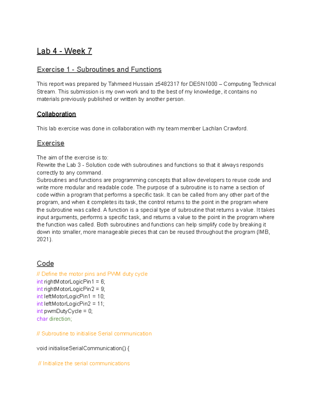 Lab 4 - Computing stream - Lab 4 - Week 7 Exercise 1 - Subroutines and Functions This report was ...