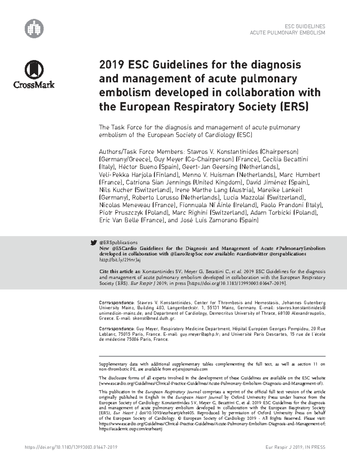 2019 ESC Guidelines for Acute Pulmonary Embolism Management - Studocu