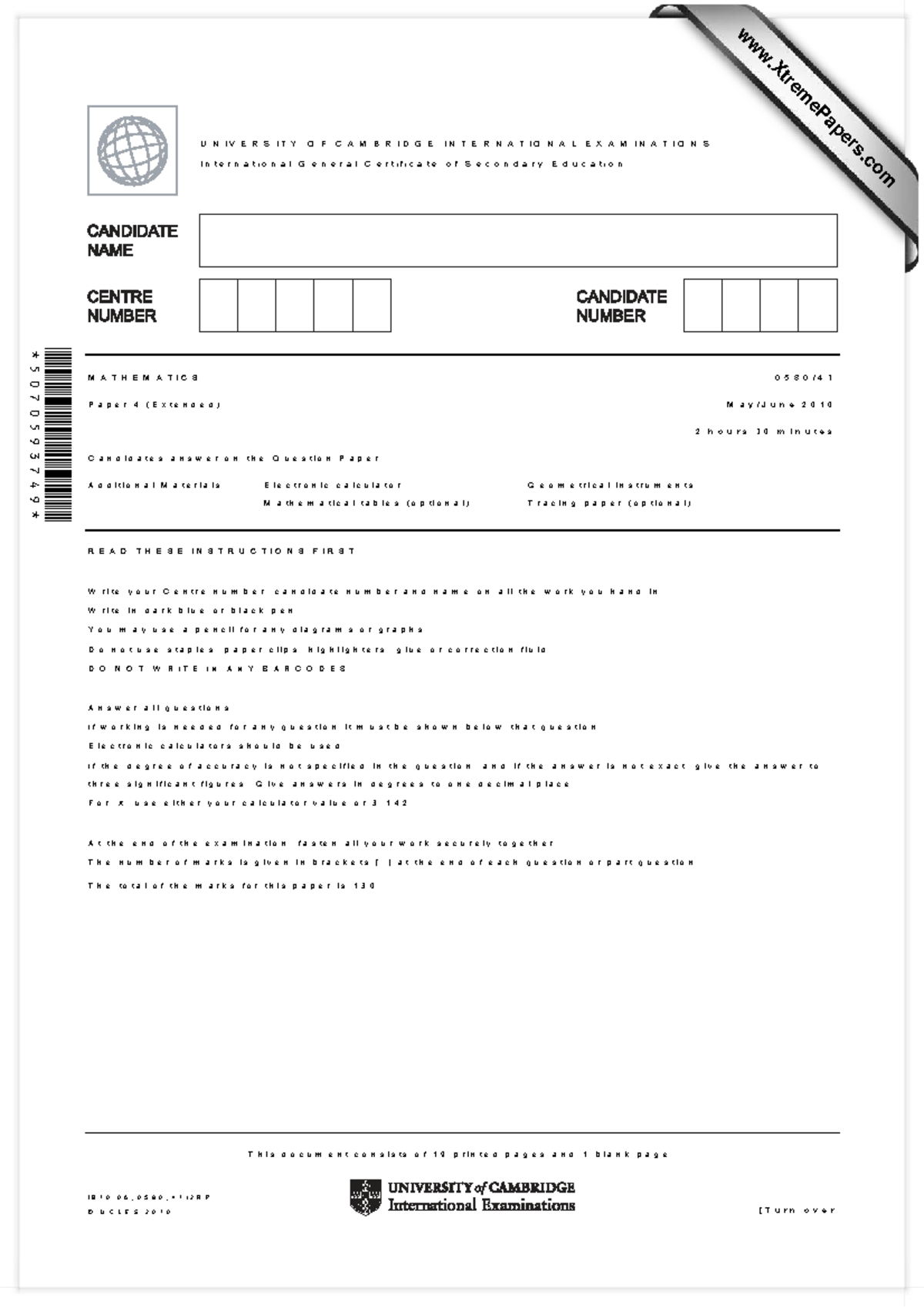 IGCSE Mathematics 0580 S10 Paper 4 (Extended) Past Exam Questions - Studocu