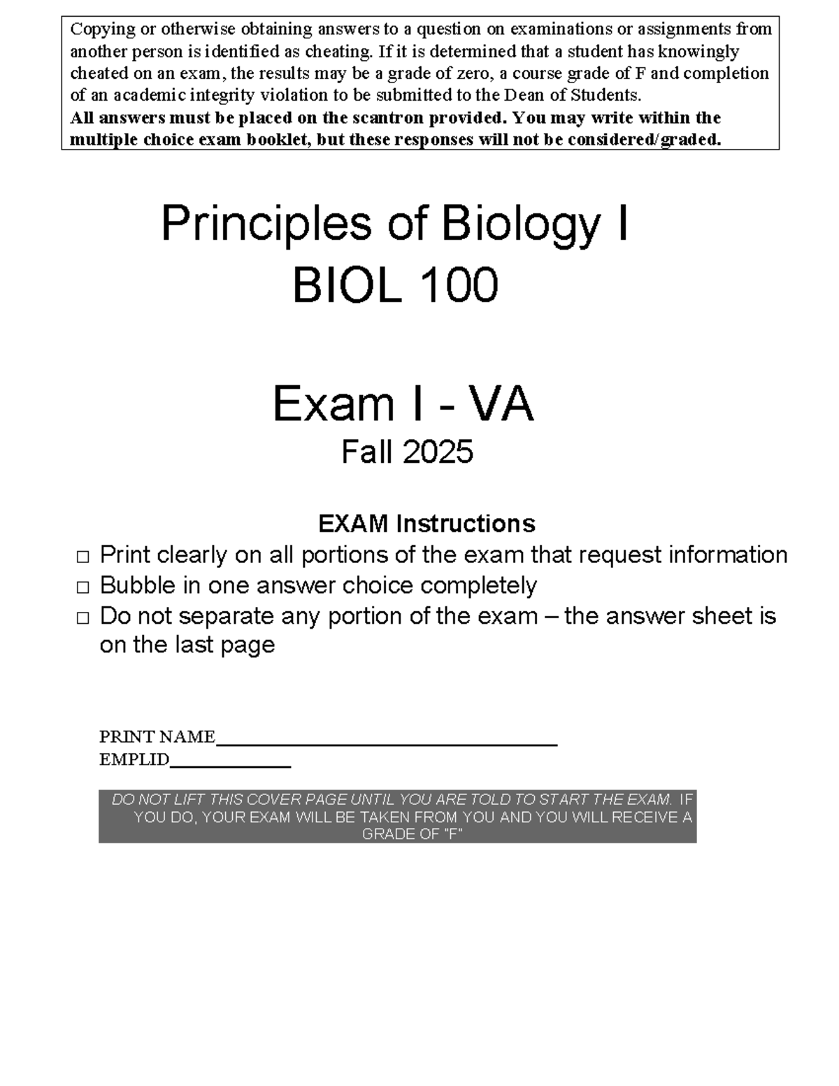 BIO 100 Exam I Fall 2025 Version A Answer Key and Instructions - Studocu