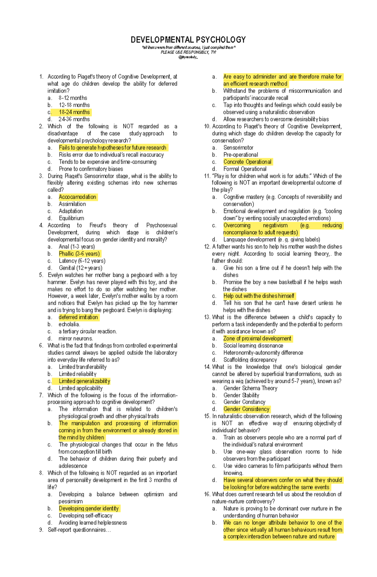 Developmental Psychology Test Bank: Key Concepts and Questions - Studocu