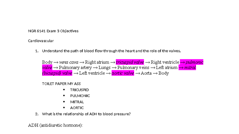 Exam 3 Objectives for NGR 6141: Cardiovascular and Renal Systems - Studocu