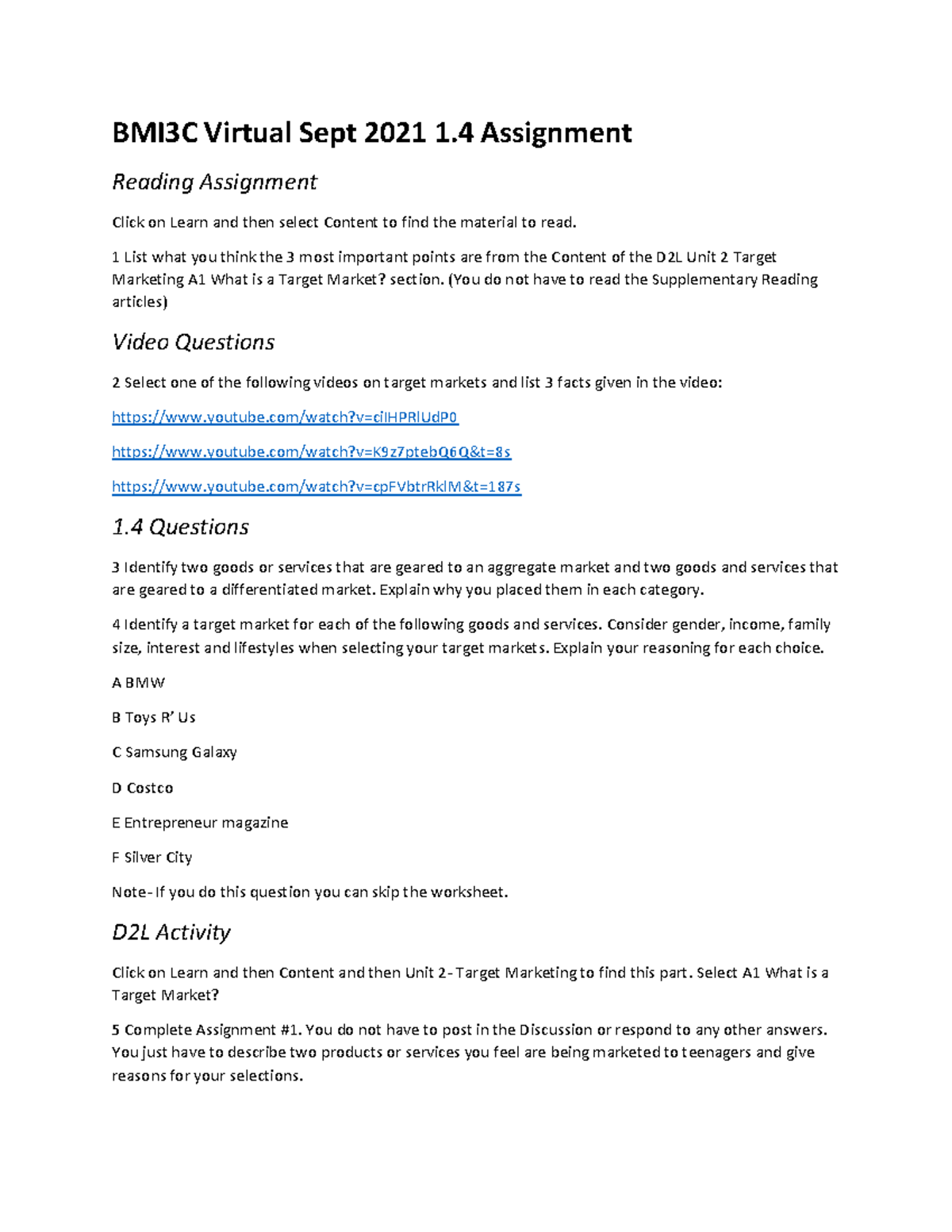 BMI3C 1.4 Virtual Assignment: Target Markets & Strategies - Studocu