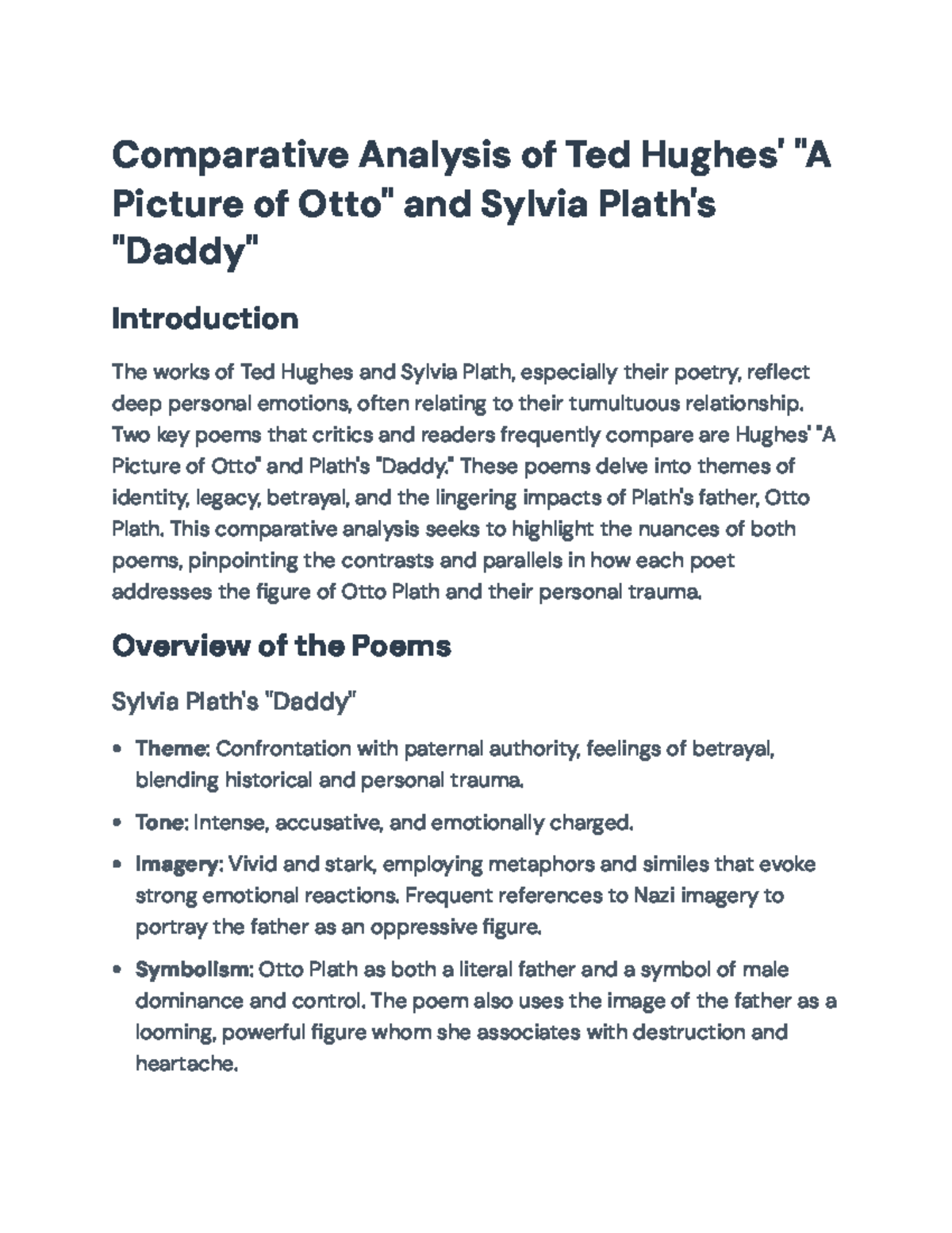 Comparative Analysis of Hughes' "A Picture of Otto" & Plath's "Daddy ...