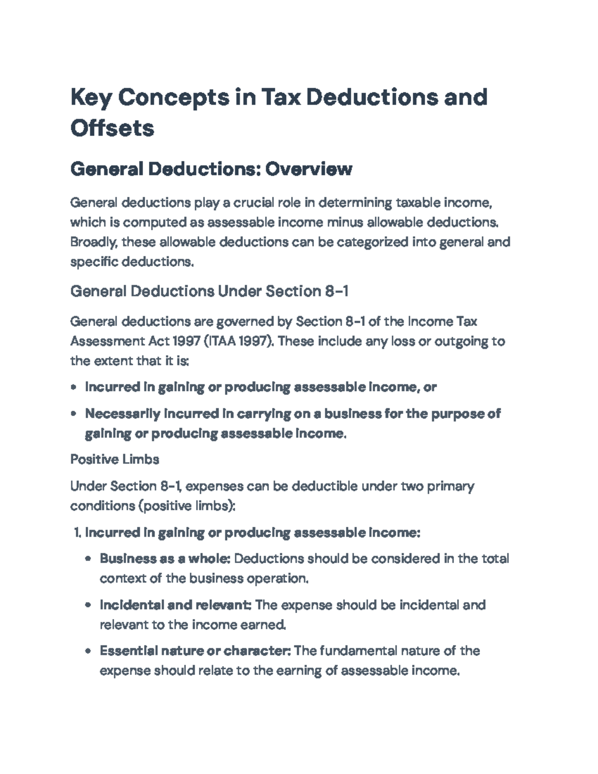 Tax Deductions and Offsets Overview - Section 8-1 Summary (ITAA 1997 ...