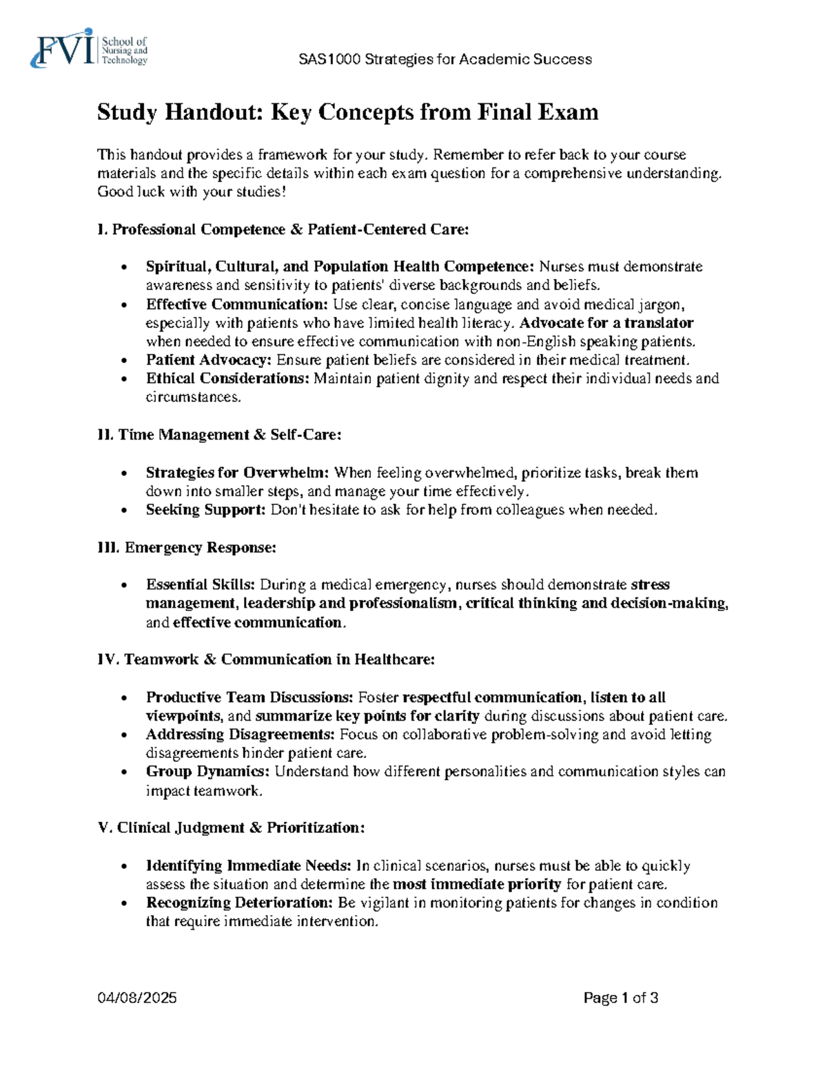 Study Handout for the Final Exam - SAS1000 Strategies for Academic ...