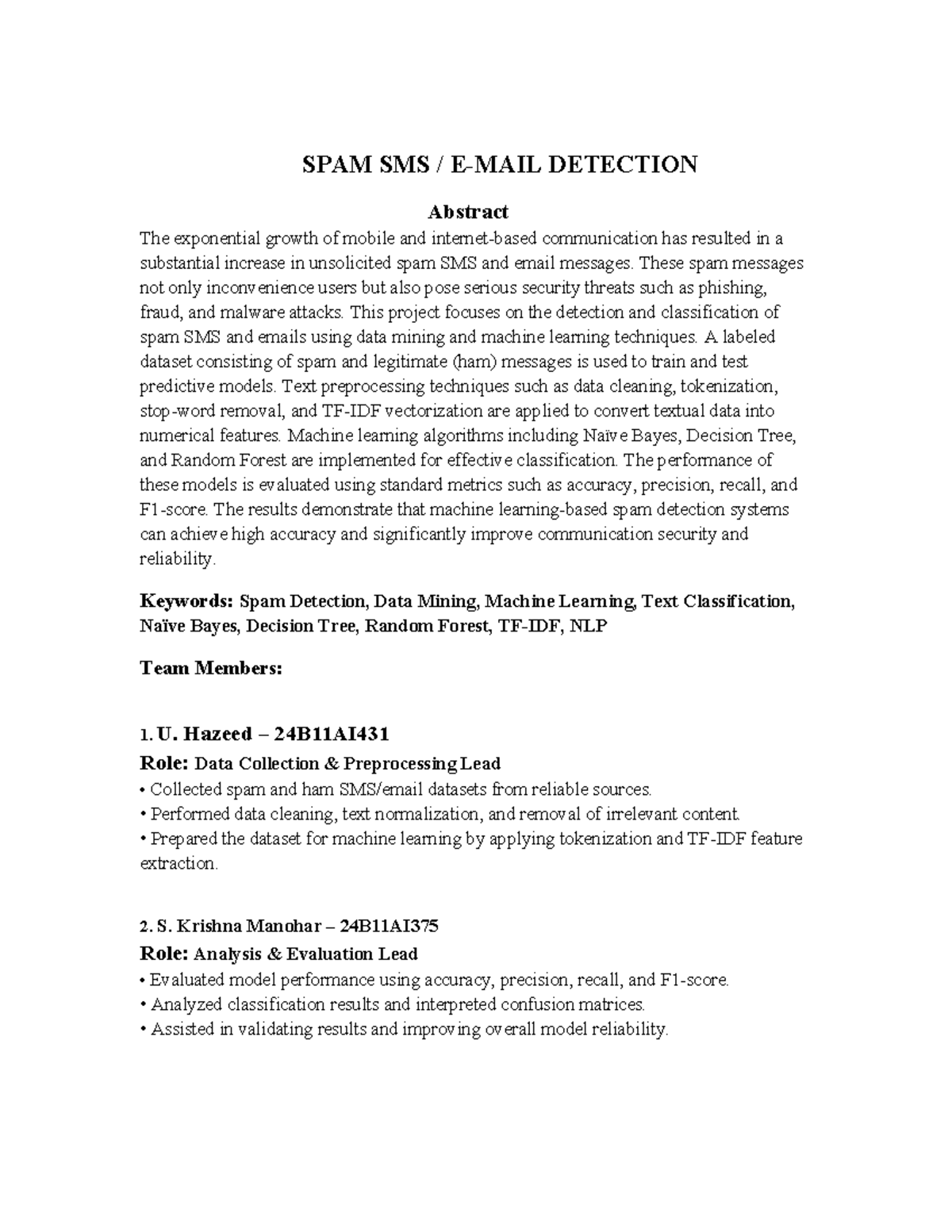 SPAM SMS Detection: Data Mining Techniques Review Report - Studocu