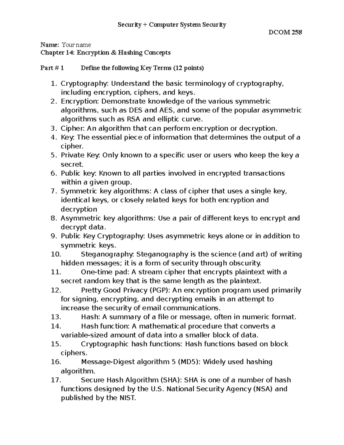 DCOM 258 Lab 14 Encryption & Hashing Concepts - Security + Computer System Security DCOM 258 ...