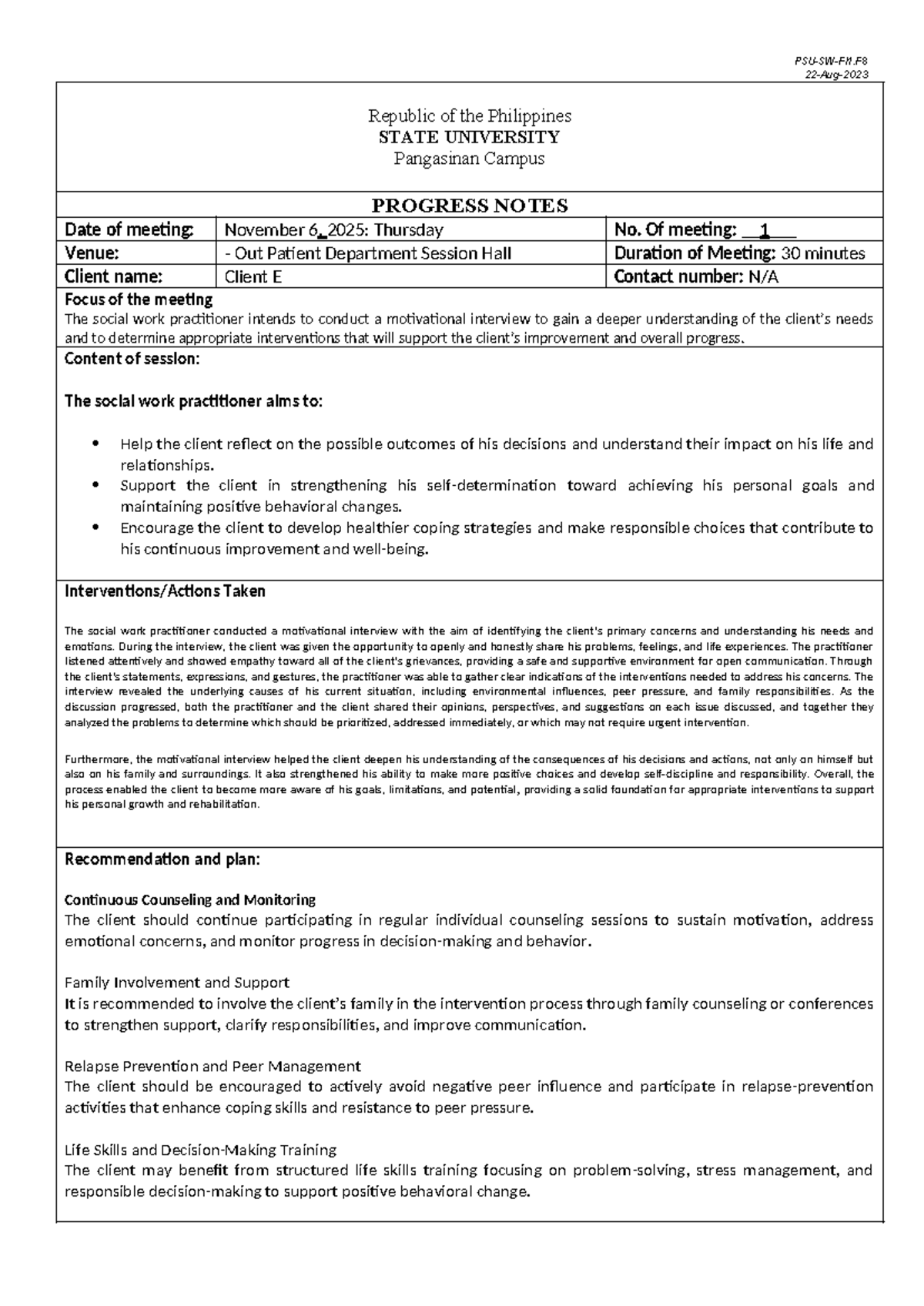 SW 101: Progress Notes for Client E - Motivational Interview Session ...