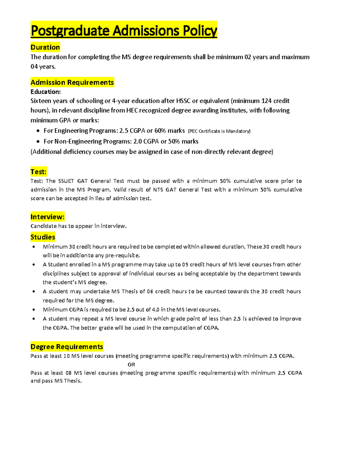 Postgraduate Admissions Policy for MS Programs (Duration & Requirements ...