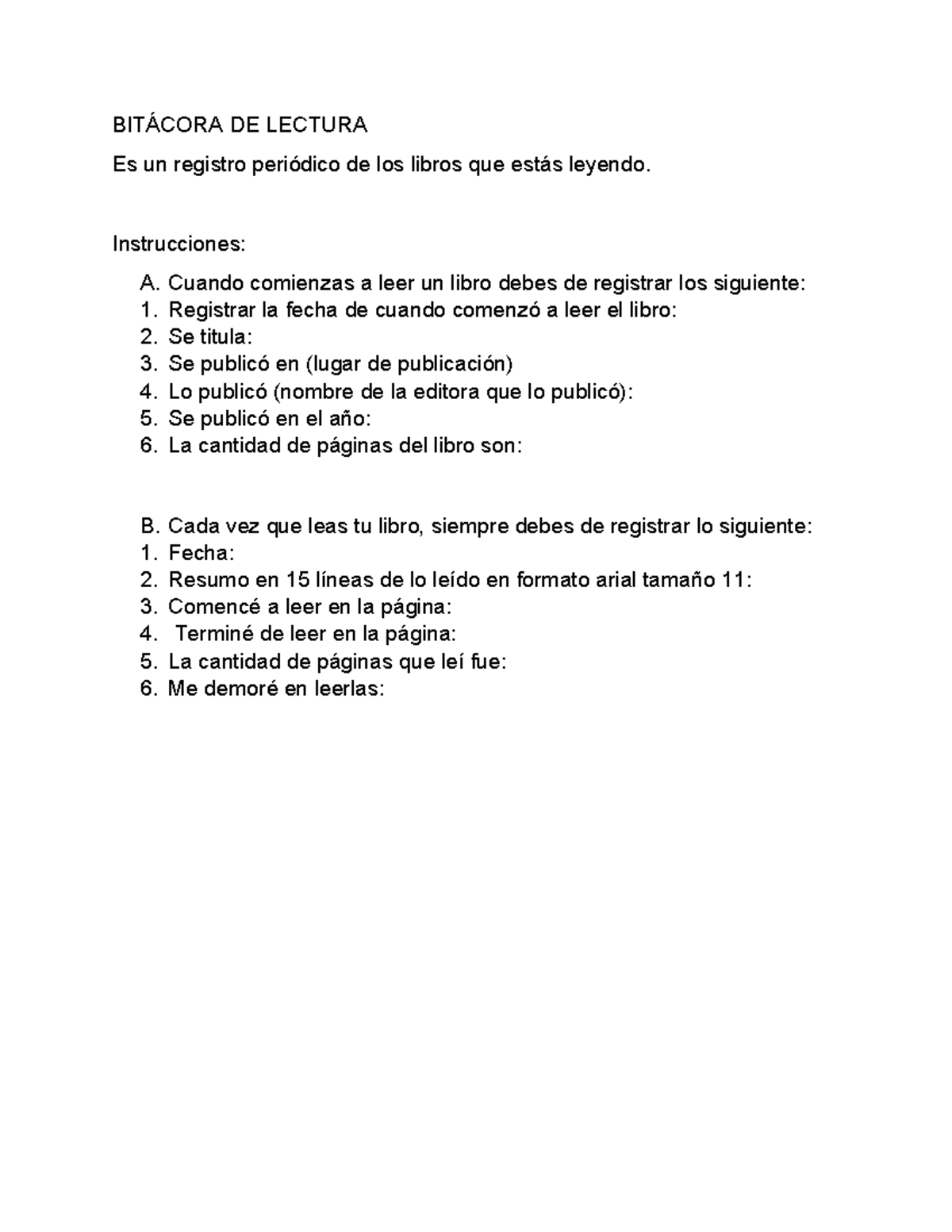 BITÁCORA DE LECTURA - Esp. Nivelación: Instrucciones y Registro - Studocu
