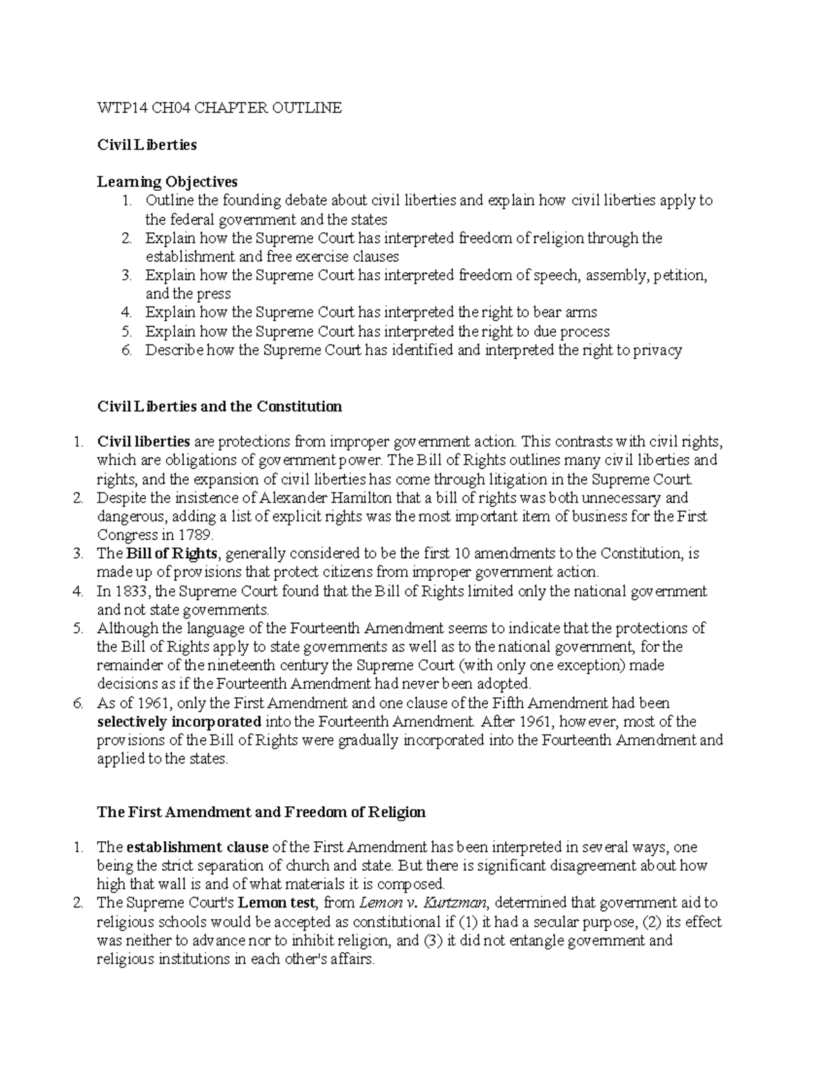 Civil Liberties and Constitutional Rights: WTP14 CH04 Outline - WTP14 ...