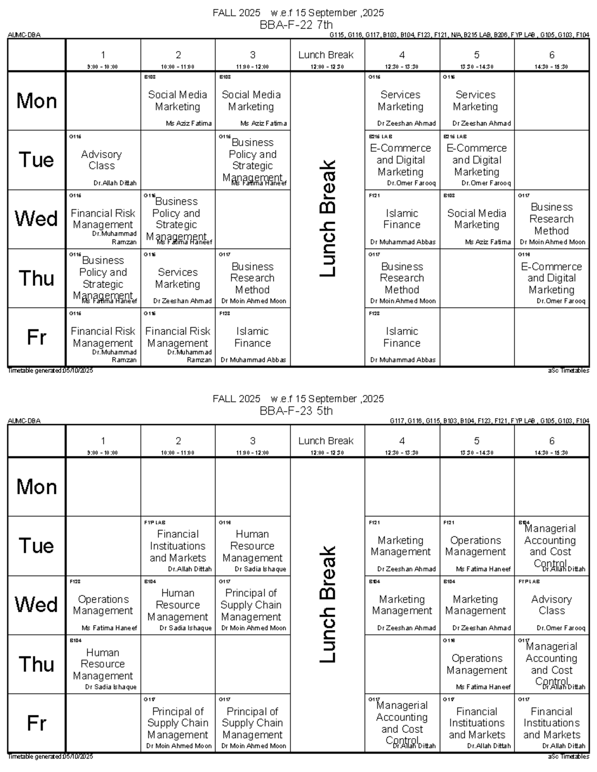 FALL 2025 Class Wise Timetable for G115, G116, G117, B103, F123, F121, FYP LAB - Studocu