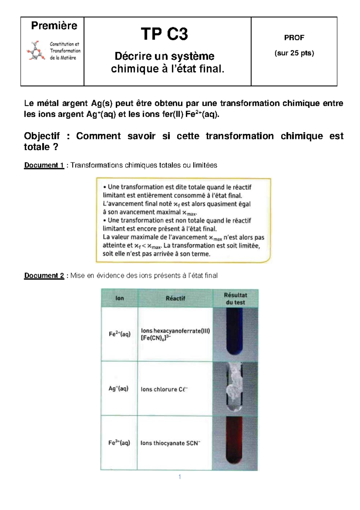 Première TP C3 - Système Chimique à État Final (Corrigé) - Studocu