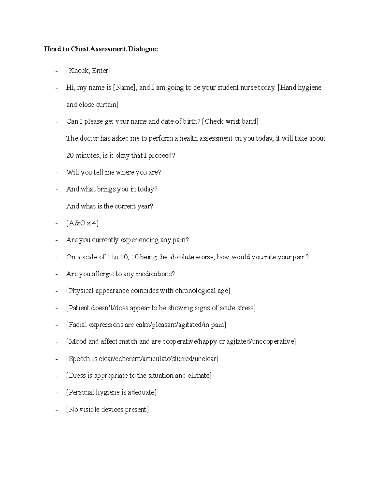 Head to Chest Assessment Script - Nursing Procedure Guide - Studocu