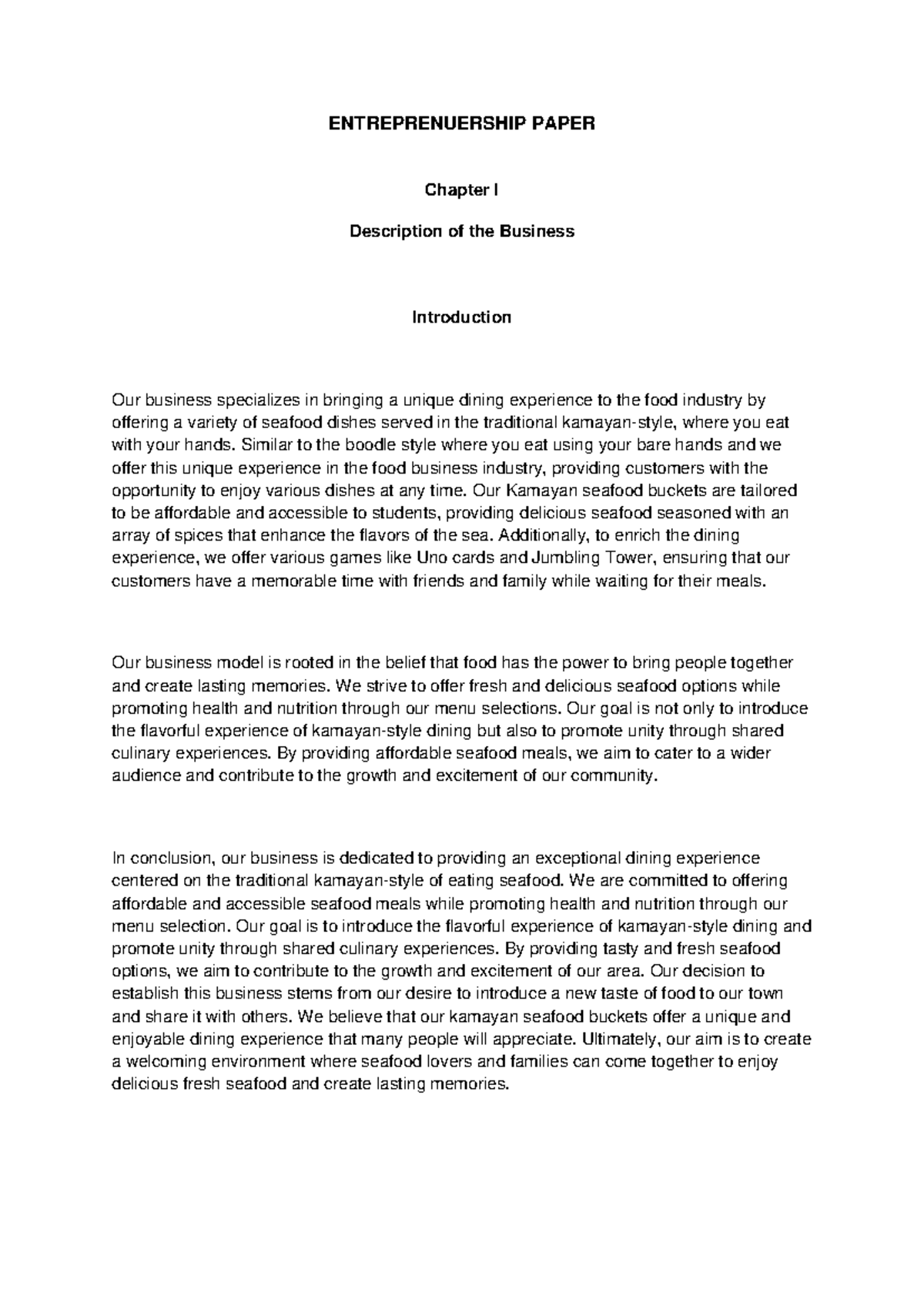 ENTR 101: Entrepreneurship Paper on Kamayan Seafood Business - Studocu